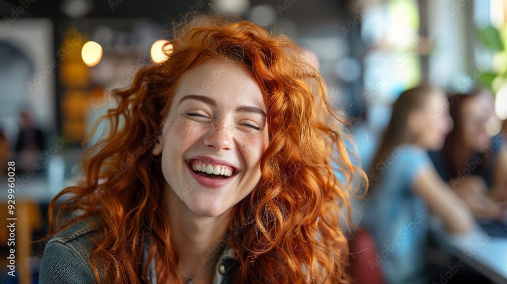 Young red-headed businesswoman laughing in a casual office setting ...