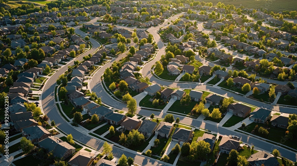 Aerial shot of a suburban neighborhood with uniform houses and curved ...