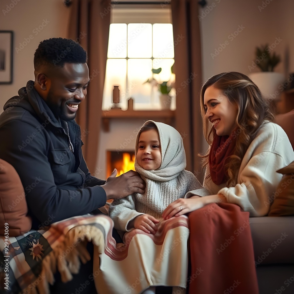 Adoption, a warm and cozy living room where a couple is meeting a child ...