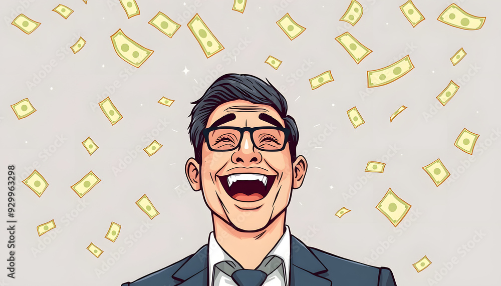 Happy businessman, money rain and celebration for winning or lottery ...