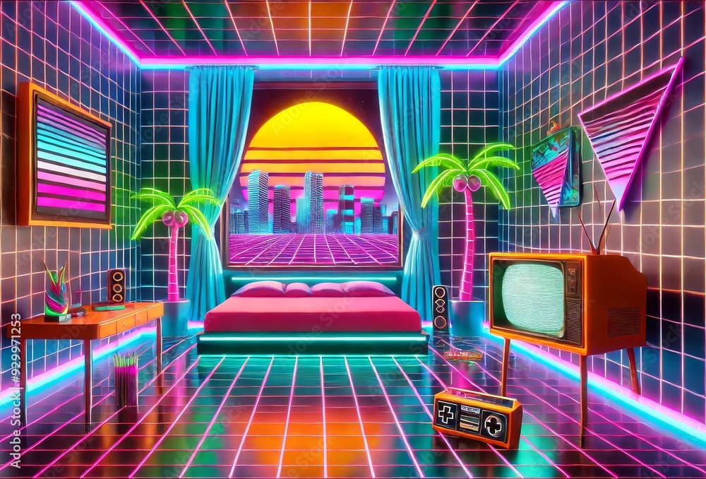 Vibrant 90s Retro Bedroom with Synthwave Aesthetic, Neon Lights, and ...