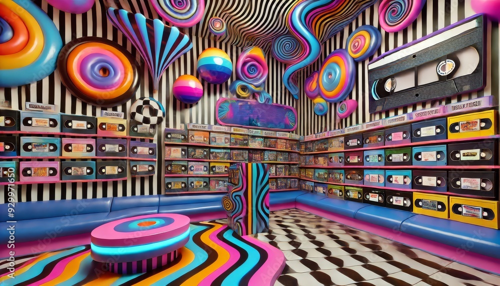 Psychedelic 90s Video Rental Store with Bold Colors, VHS Tapes, and ...