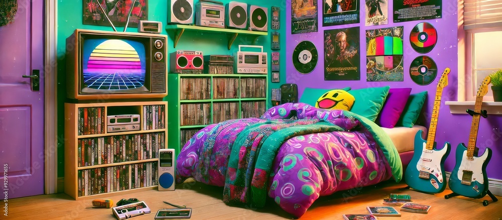 Retro 1997-Inspired Bedroom with Iconic Decor, Featuring Vibrant Colors ...