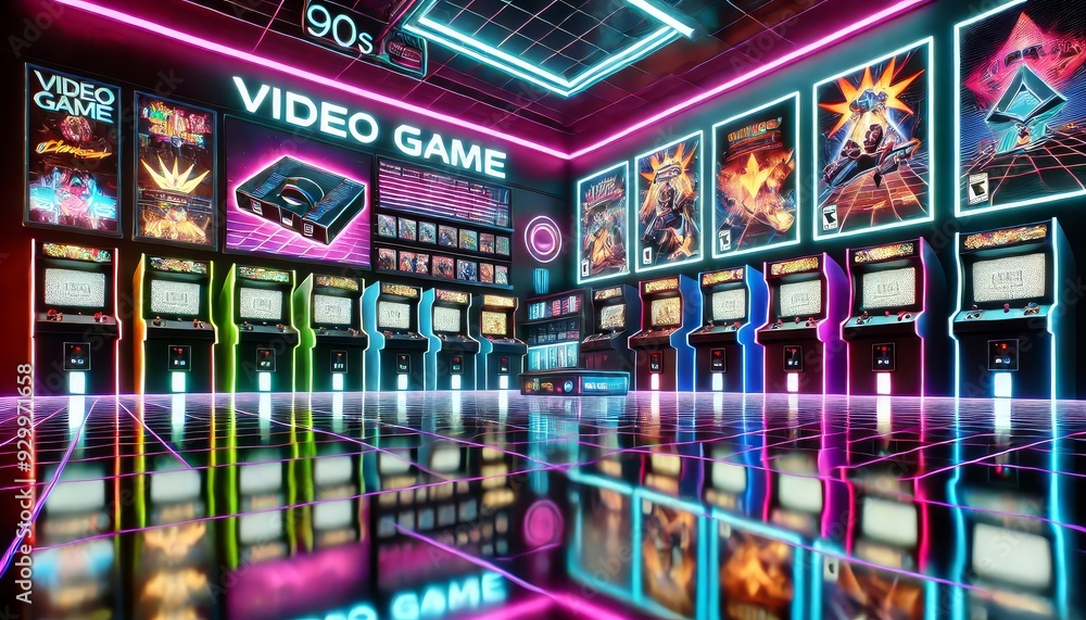 90s Neon-Lit Video Game Arcade with Classic Arcade Machines, Vibrant ...