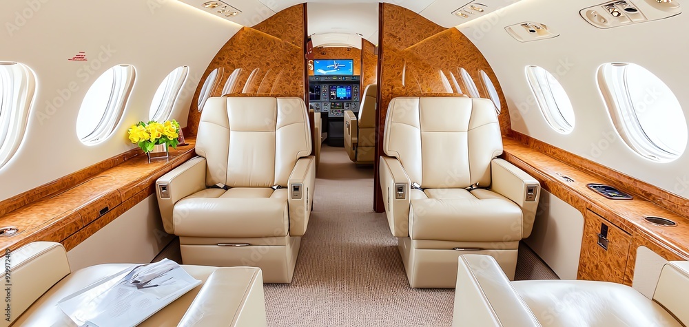 Luxurious interior of a private jet featuring leather seats, wooden ...