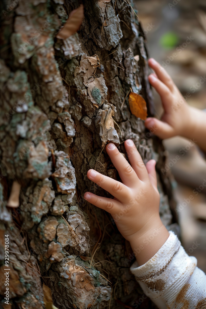 Hands of a toddler touching tree bark on nature walk. Child exploring ...