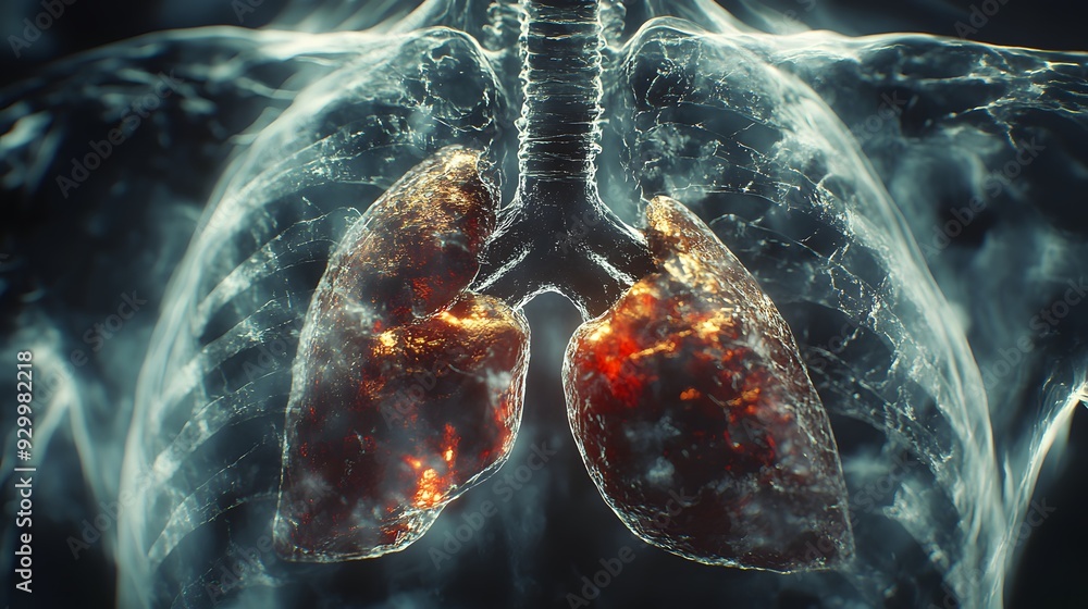 A 3D rendered CT scan of a human chest, with detailed, transparent ...