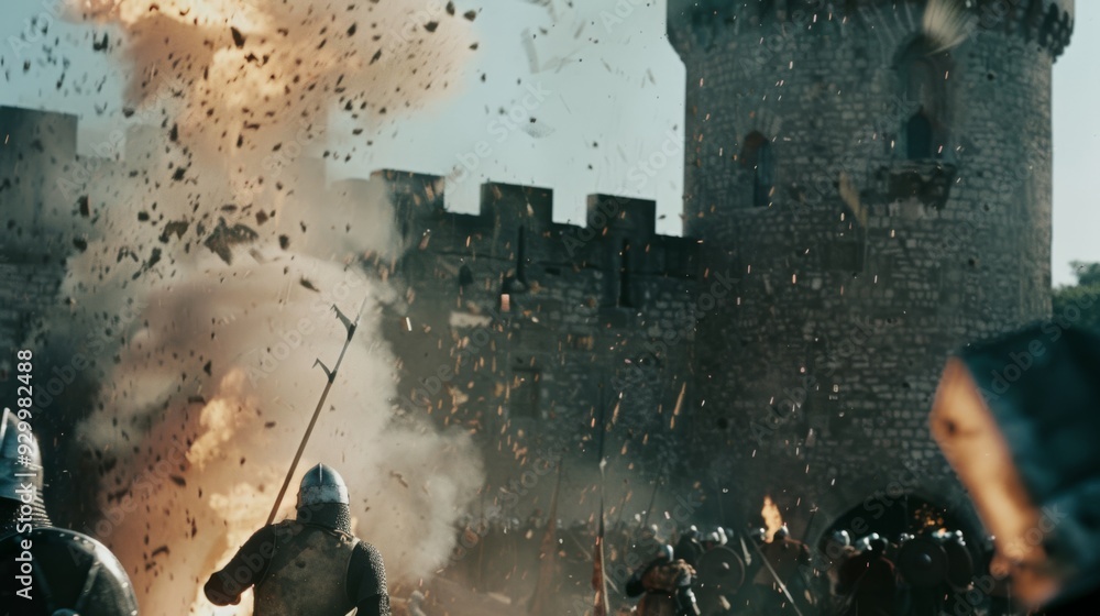 Knights in full armor advancing towards a besieged castle as an ...