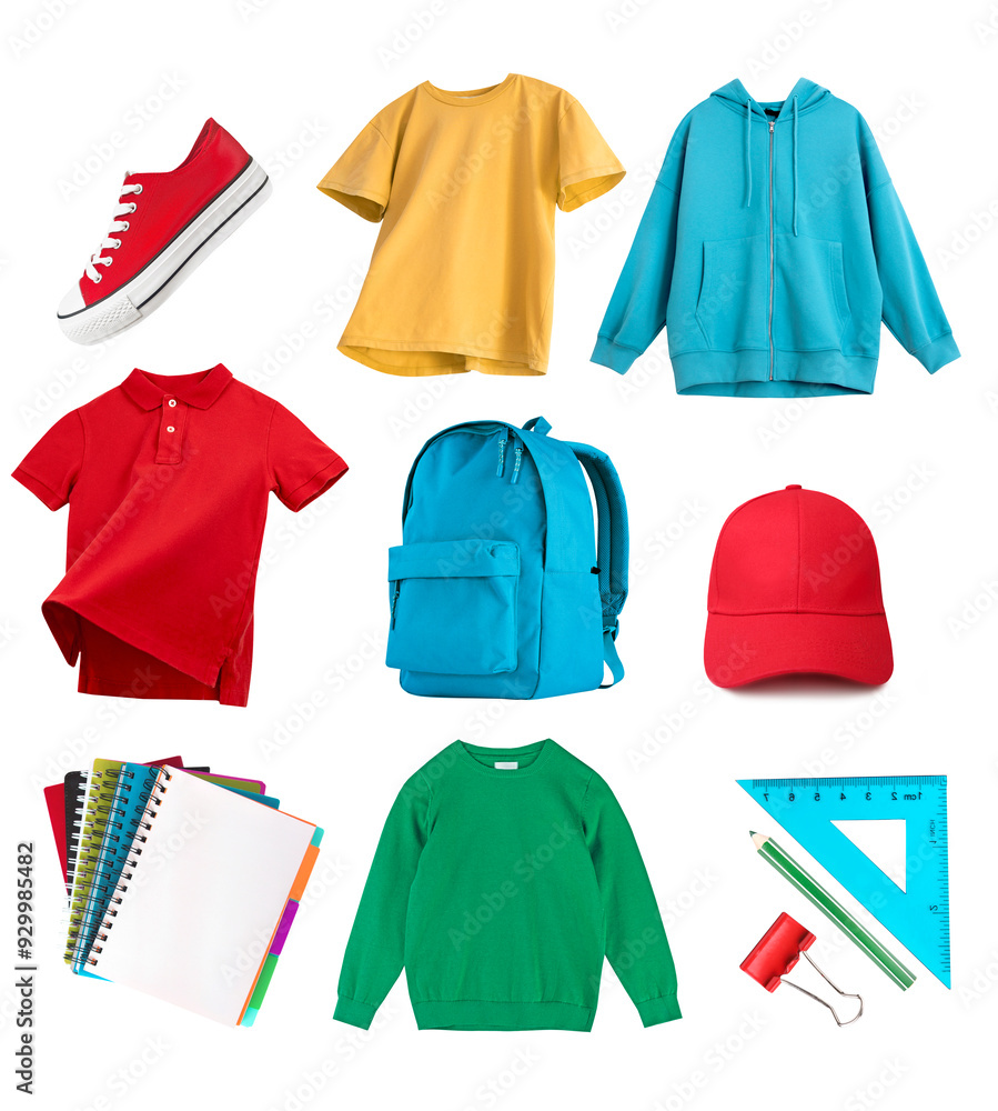 School items and clothes isolated. Collection of male apparel. Pupil ...