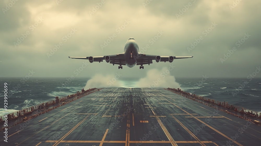 An airplane taking off from a ship s deck, capturing the dynamic ...