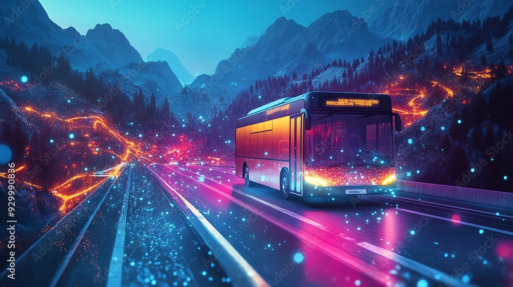 Artistic depiction of a bus journey through different districts ...