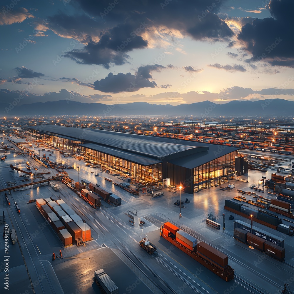 Artistic rendering of a multimodal station connecting ports with a ...