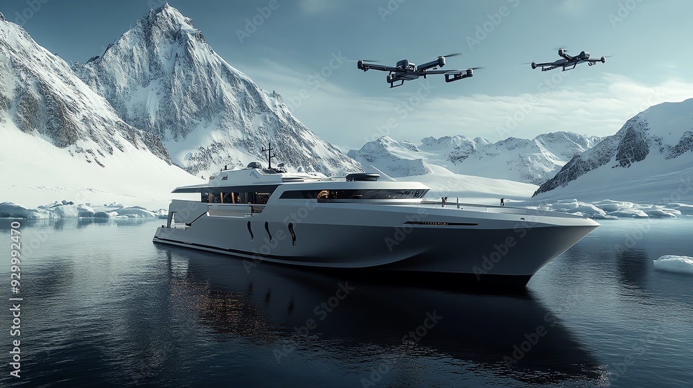Artistic visualization of a vessel with a deployable drone fleet for ...