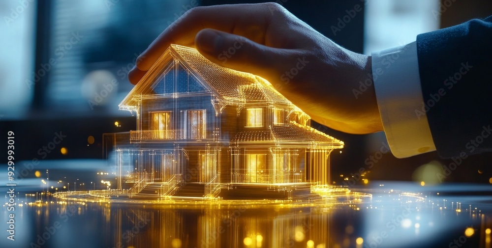 Real estate agent’s hand interacting with a glowing holographic model ...