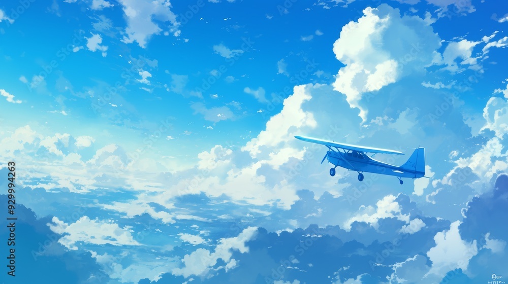 A soft and dreamy anime-style illustration of a blue sky filled with ...