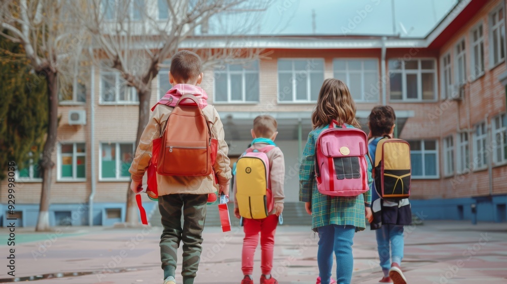 Four kids with colorful backpacks walk towards a school building on a ...