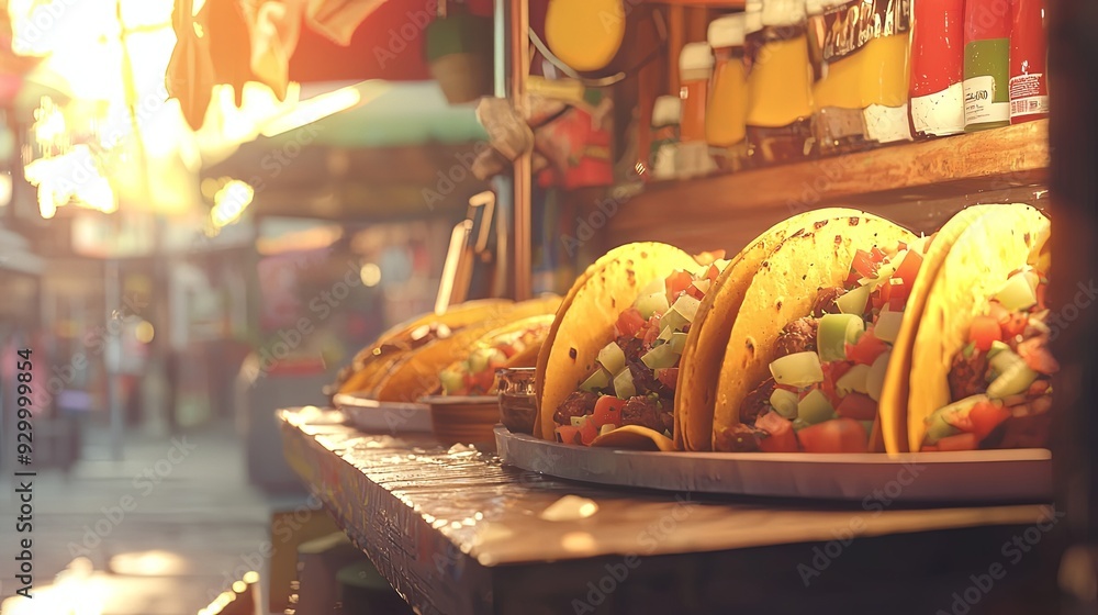 A dreamy, anime-inspired food stall in a bustling market, serving tacos ...