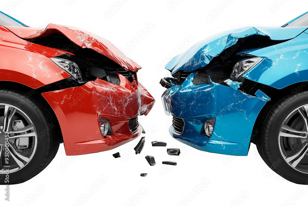 Graphically depicted head-on collision between a red and a blue car ...