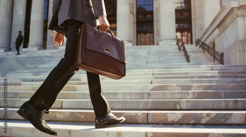 A person in a business suit and dark shoes climbs the marble stairs ...