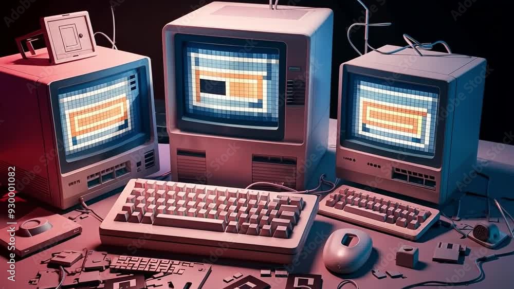Vintage 1980s computer setup depicted in a stylized 3D render with ...