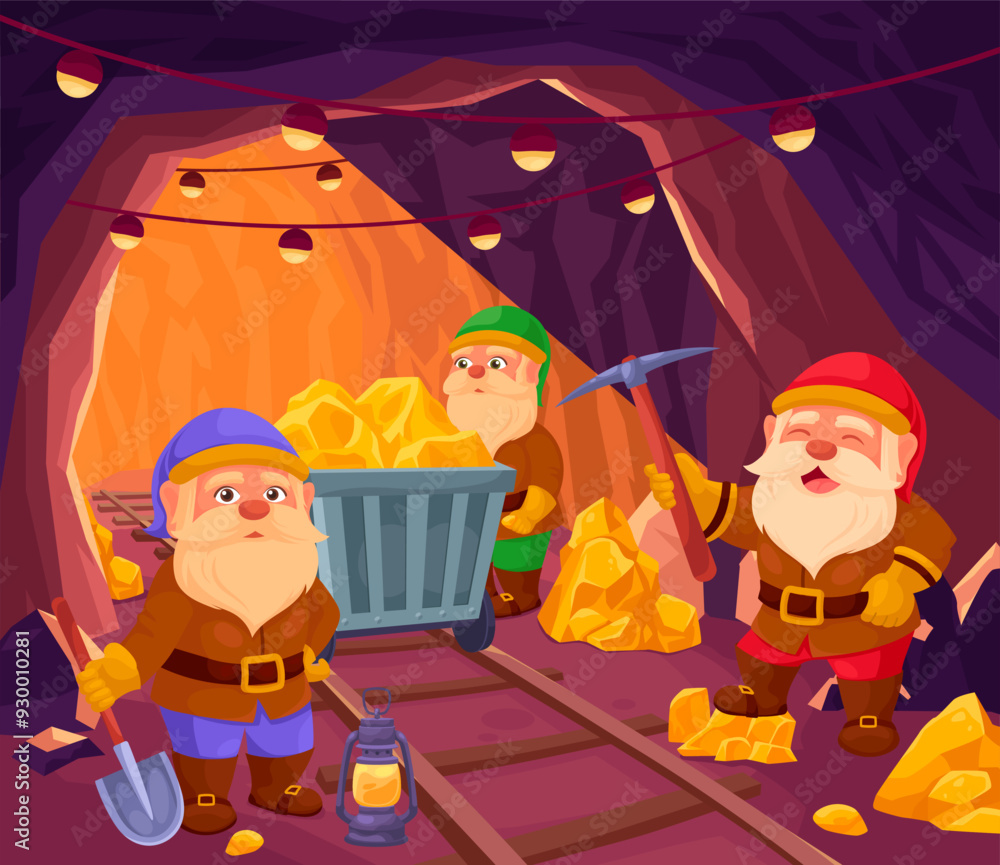 Dwarfs mine. Dwarf miners mining gold, railway underground tunnel ...