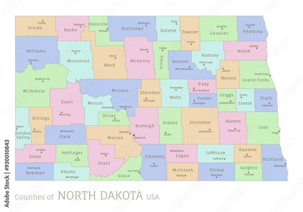 Counties of North Dakota administrative map of USA federal state ...
