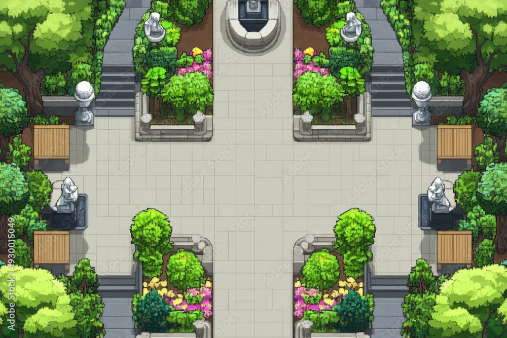 A pixel art fantasy RPG game map, top view, with a retro style ...