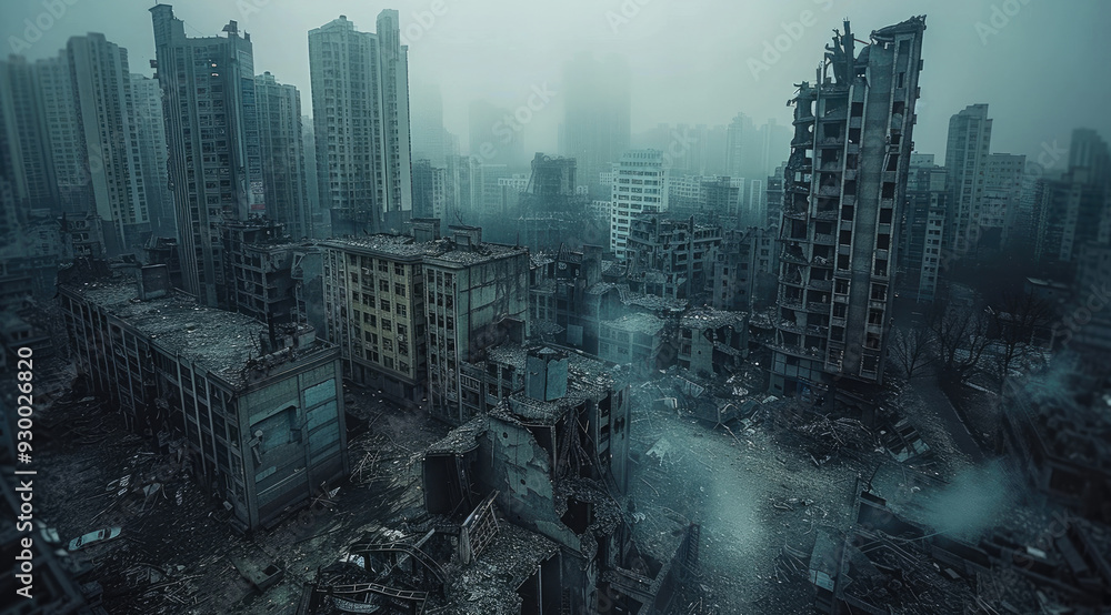 A huge modern city with skyscrapers, all the houses are destroyed ...