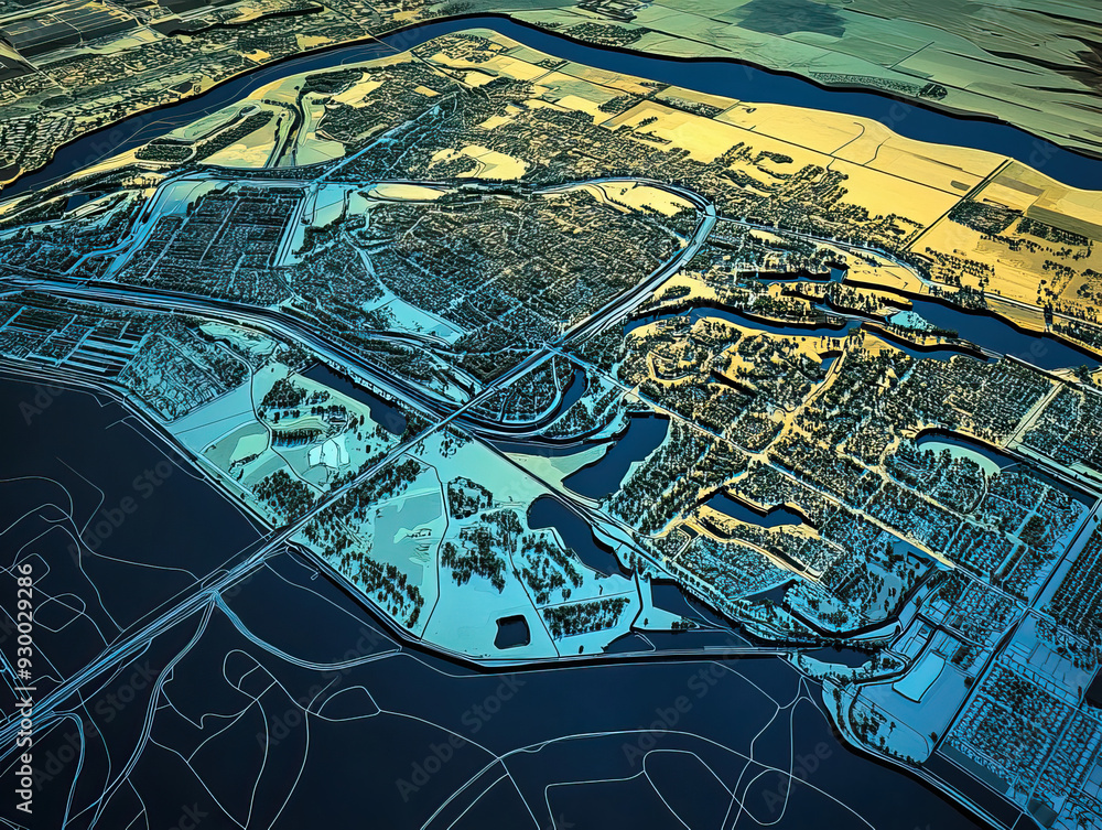 Technical aerial visual, 3D LiDAR GIS aerial map satellite scan model ...