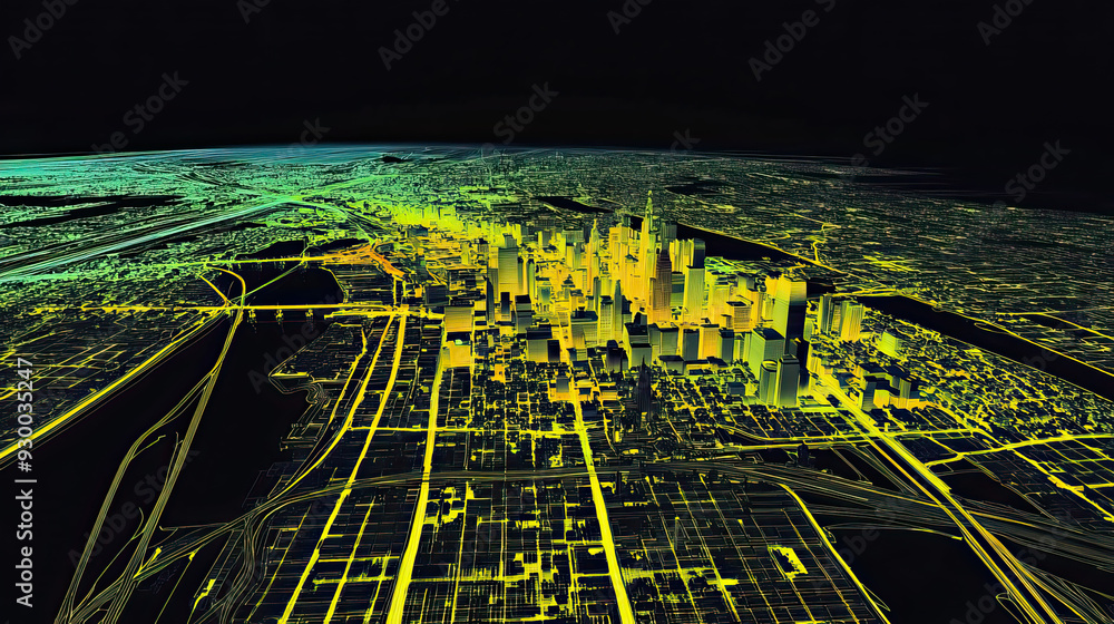 Technical aerial visual, 3D LiDAR GIS aerial map satellite scan model ...