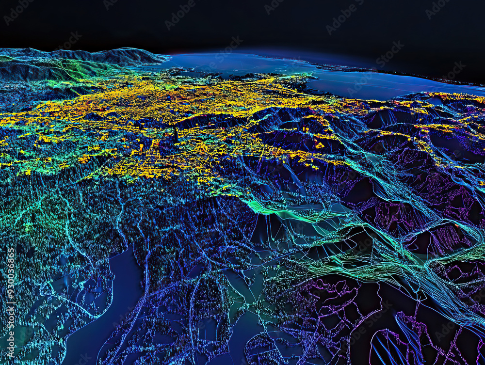 Technical aerial visual, 3D LiDAR GIS aerial map satellite scan model ...