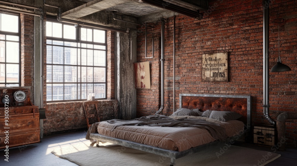 A loft-style bed with a simple metal frame, set in a room with exposed ...