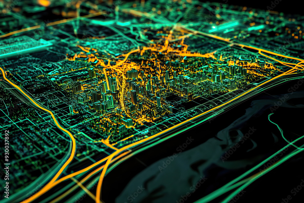 Technical aerial visual, 3D LiDAR GIS aerial map satellite scan model ...
