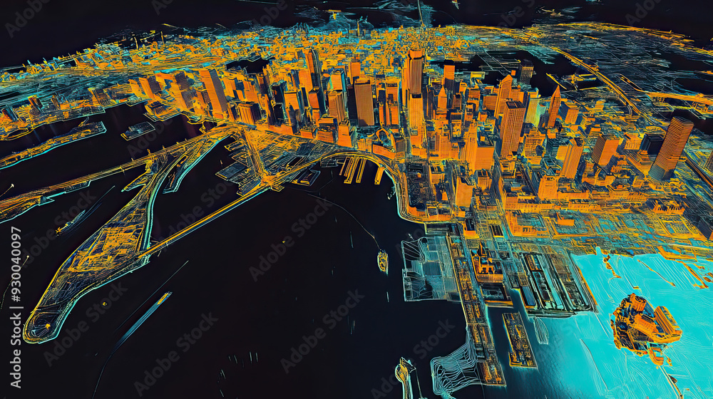 Technical aerial visual, 3D LiDAR GIS aerial map satellite scan model ...