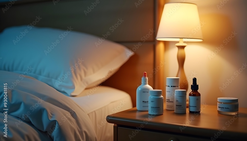 Medications neatly arranged on a bedside table next to a bed, ready to ...