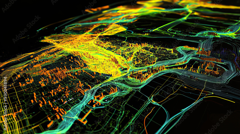 Technical aerial visual, 3D LiDAR GIS aerial map satellite scan model ...