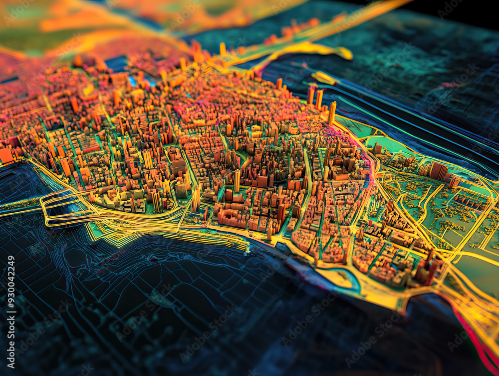 Technical aerial visual, 3D LiDAR GIS aerial map satellite scan model ...