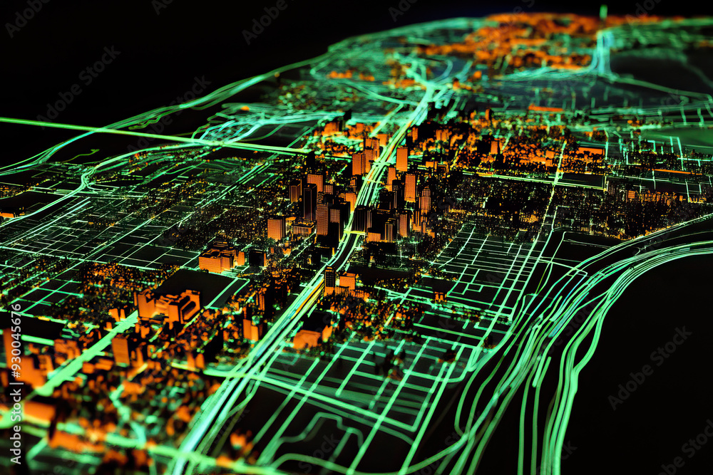 Technical aerial visual, 3D LiDAR GIS aerial map satellite scan model ...