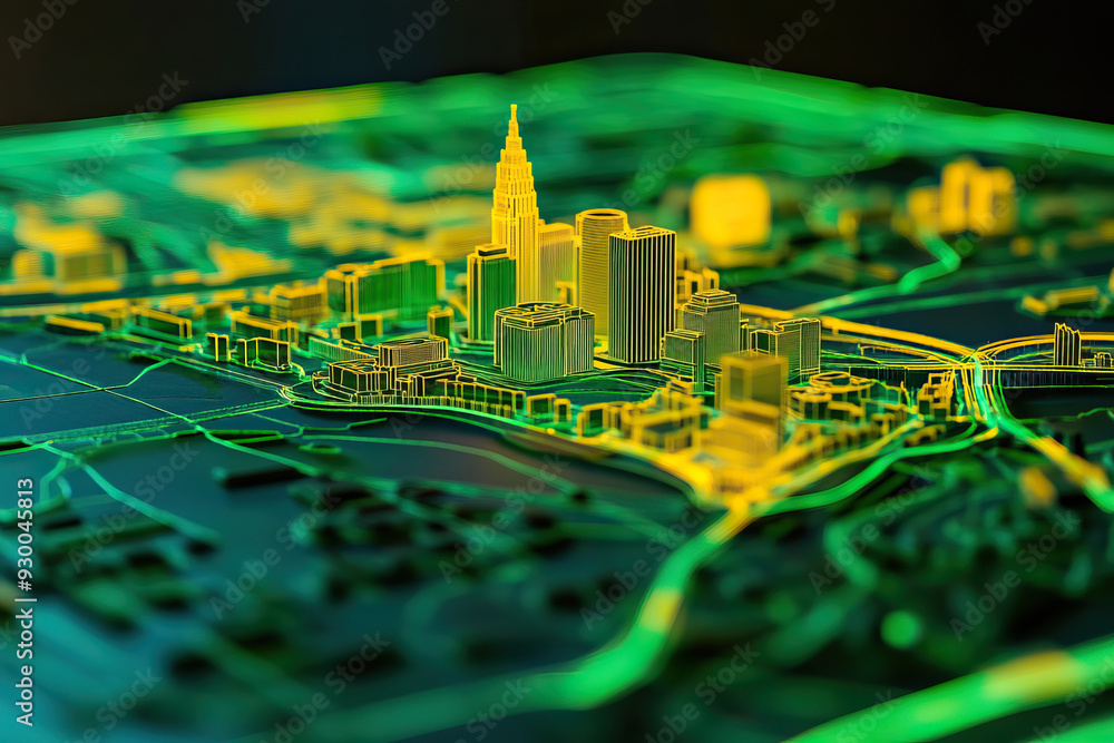 Technical aerial visual, 3D LiDAR GIS aerial map satellite scan model ...