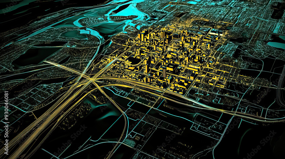 Technical aerial visual, 3D LiDAR GIS aerial map satellite scan model ...