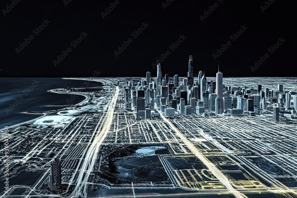 Technical aerial visual, 3D LiDAR GIS aerial map satellite scan model ...