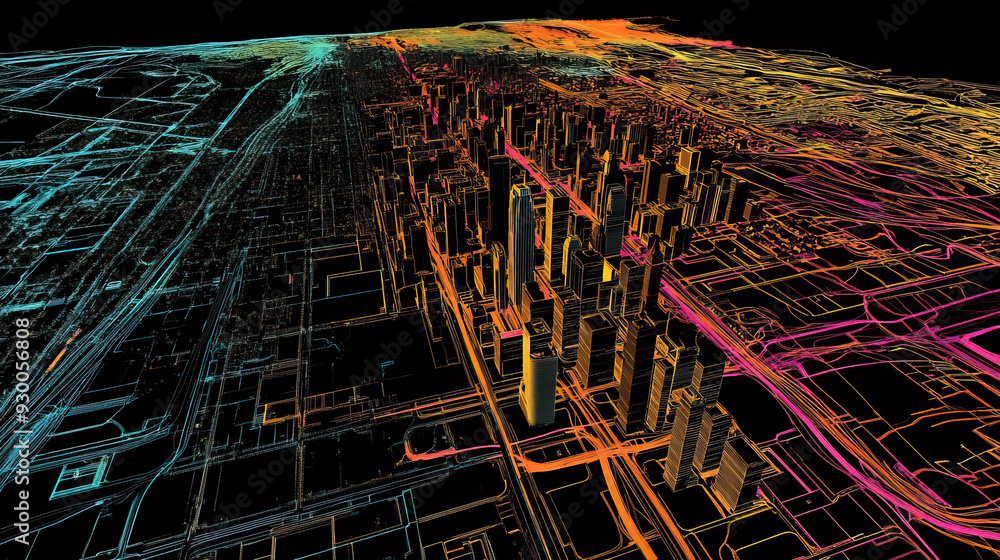 Technical aerial visual, 3D LiDAR GIS aerial map satellite scan model ...