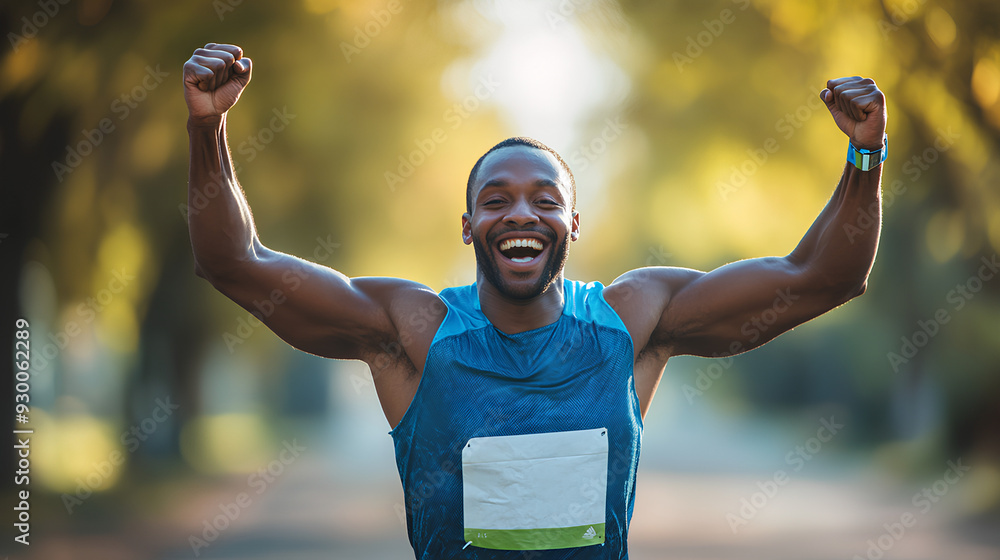 Victory Lap: A triumphant Black male runner throws his fists in the air ...