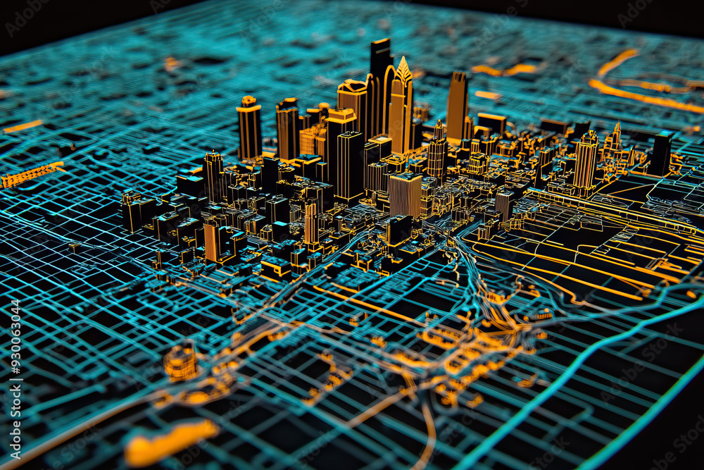Technical aerial visual, 3D LiDAR GIS aerial map satellite scan model ...