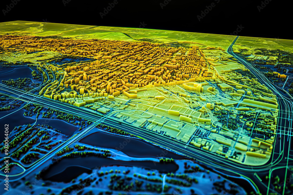 Technical aerial visual, 3D LiDAR GIS aerial map satellite scan model ...