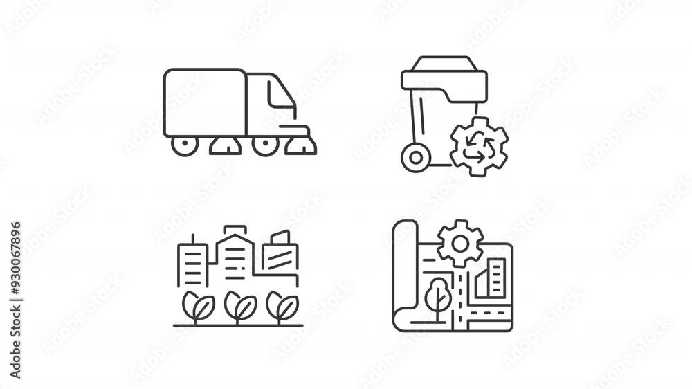 Modern city line animation library. Animated urban management icons ...