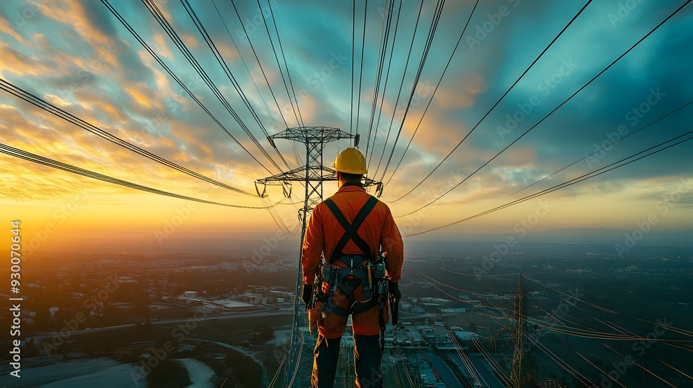 Lineman Repairing High Voltage Power Lines from Helicopter Amidst Vast ...