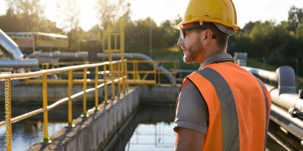 Safety worker observes a water treatment facility at sunset, wearing a ...