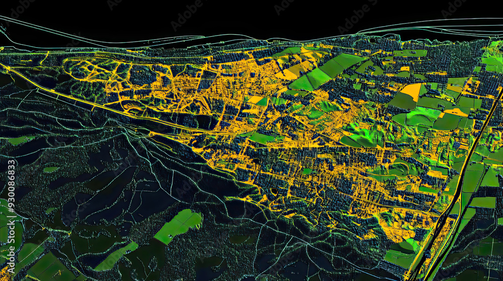 Technical aerial visual, 3D LiDAR GIS aerial map satellite scan model ...