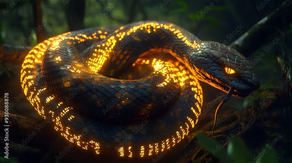 A coiled serpent with its body wrapped around a glowing digital core, its scales etched with ...